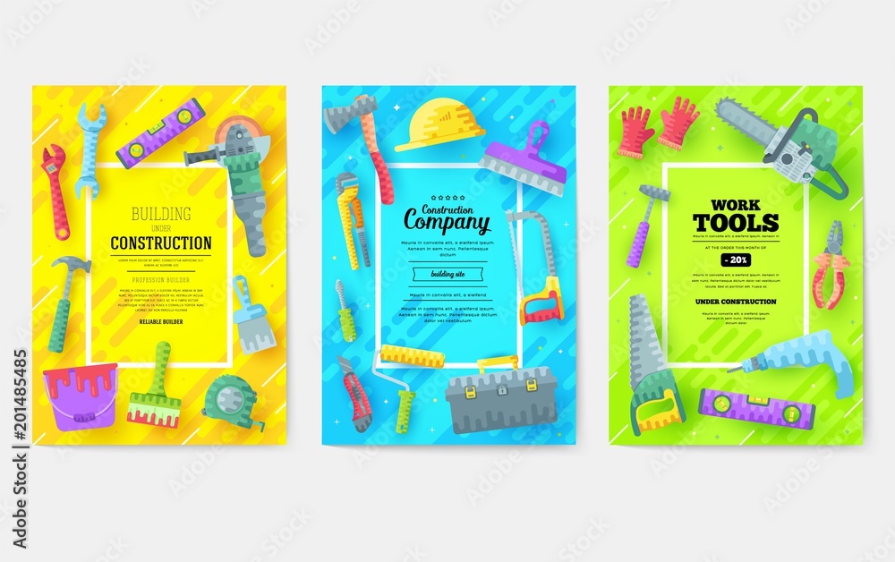 different construction company brochure cards. Working tools template ...