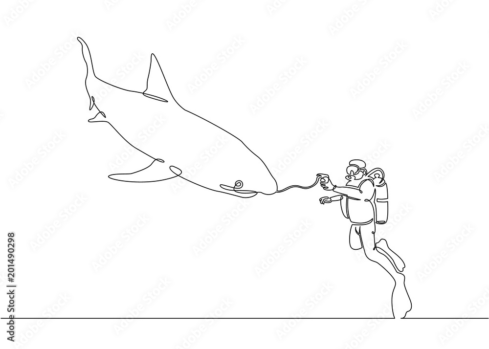 Continuous single drawn one line of a scuba diver with a camera and a ...