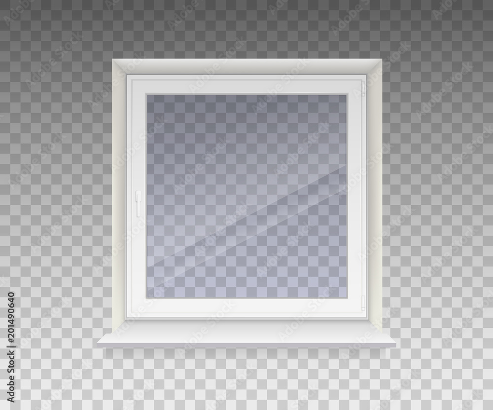 Closed window with transparent glass in a white frame. Isolated on a transparent background ...