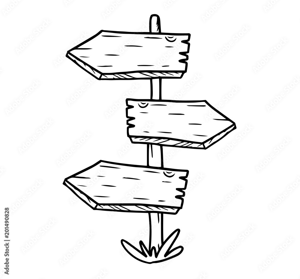 Wooden signpost with three pointers. Hand drawn vector illustration ...