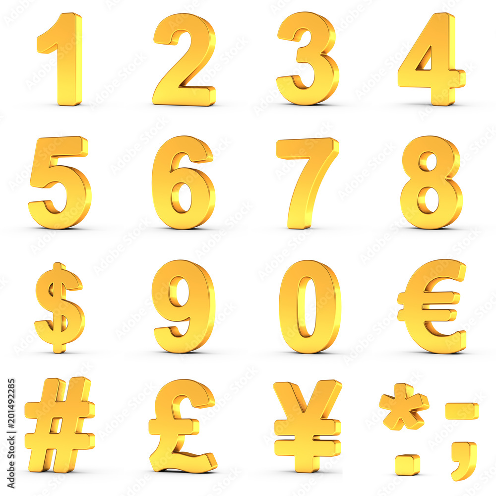 Numbers Set in Gold with clipping path for each object Stock ...