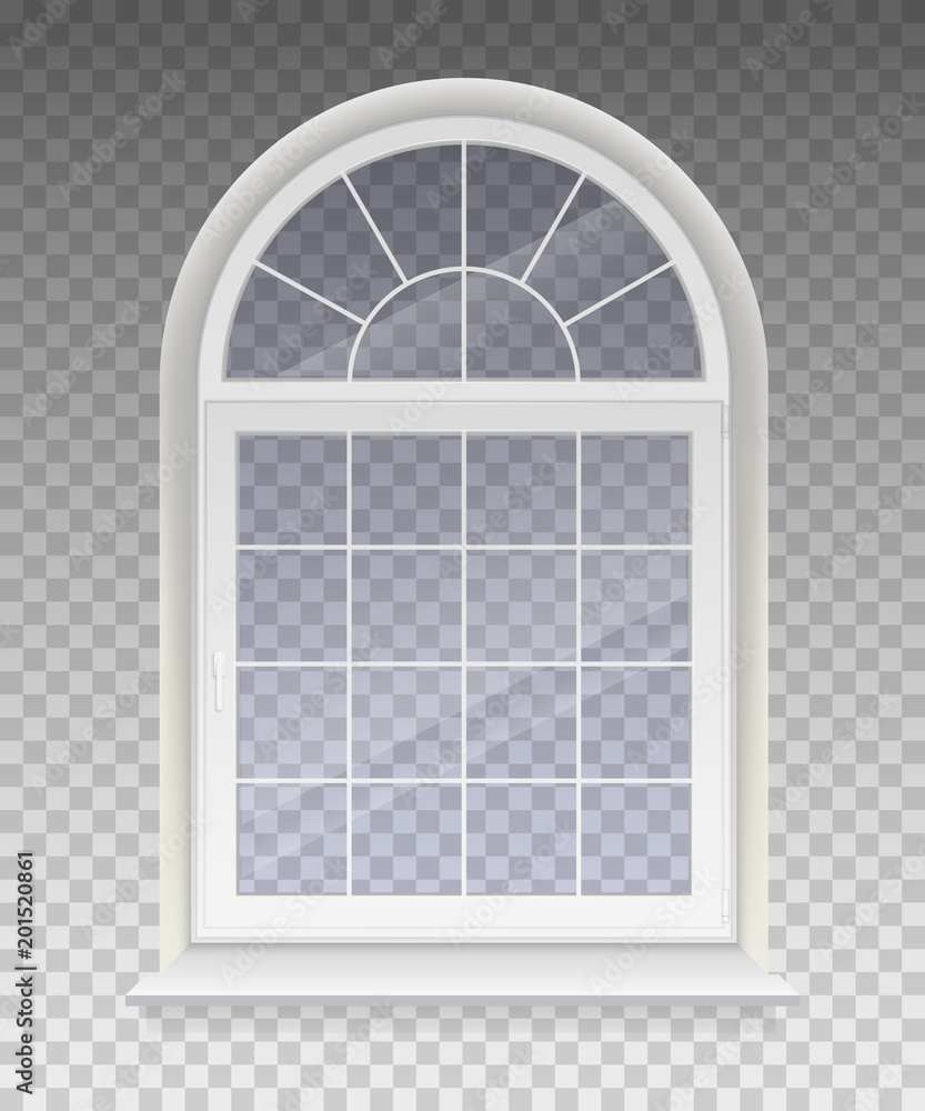 Closed arched window with transparent glass in a white frame. Isolated ...