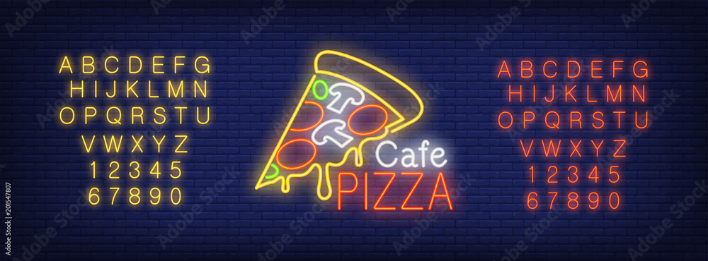 Neon alphabet and pizza slice with Pizza Cafe lettering over brick ...