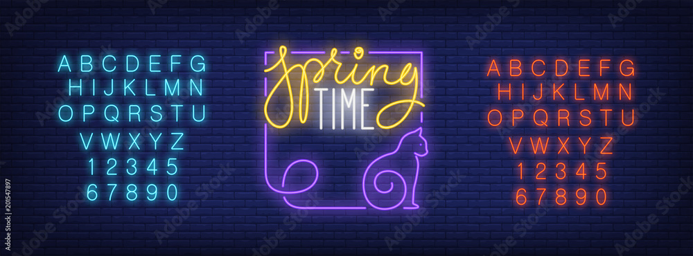Neon alphabet and Spring Time lettering with cat in frame over brick ...
