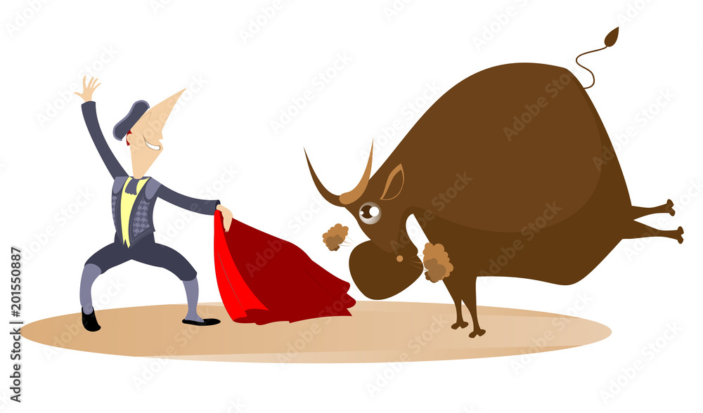 Cartoon bullfighter and the bull illustration. Brave cartoon ...