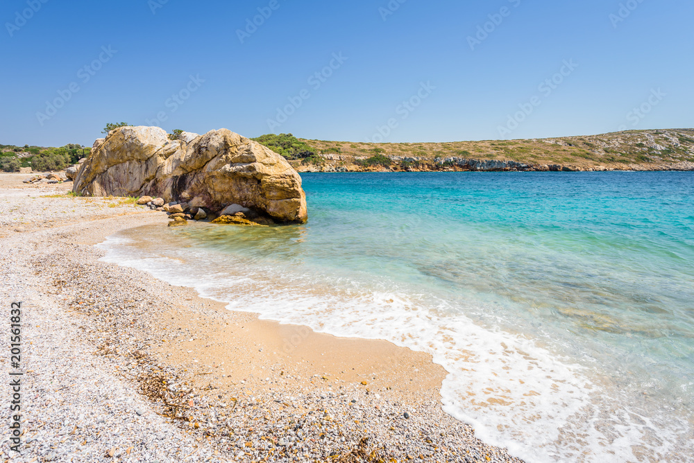 Beautiful sunny coast view to a small greek village harbor white houses ...