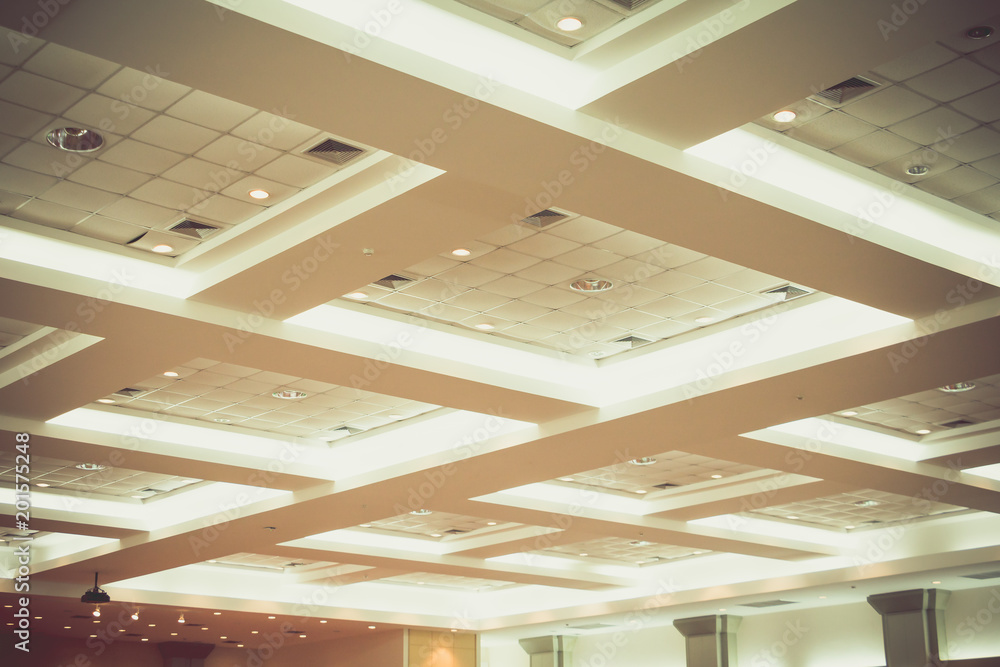 ceiling of business interior office building and light neon. vintage ...