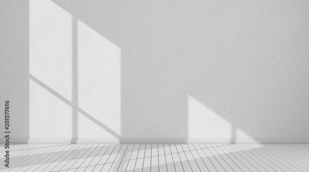 3D stimulate of white room interior and wood plank floor with sun light ...