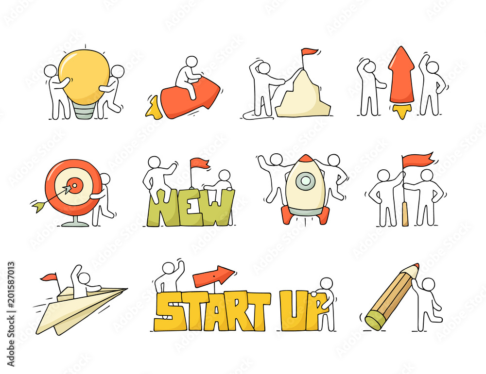 Cartoon set of sketch little people with creative symbols. Stock Vector ...