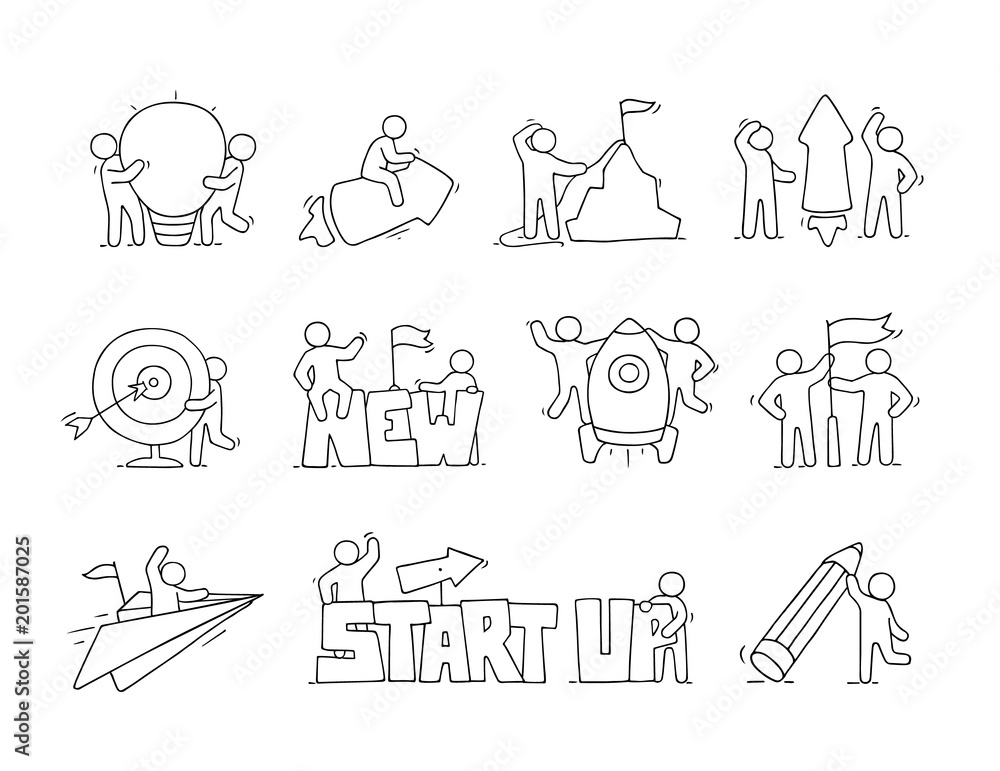 Cartoon set of sketch little people with creative symbols. Stock Vector ...