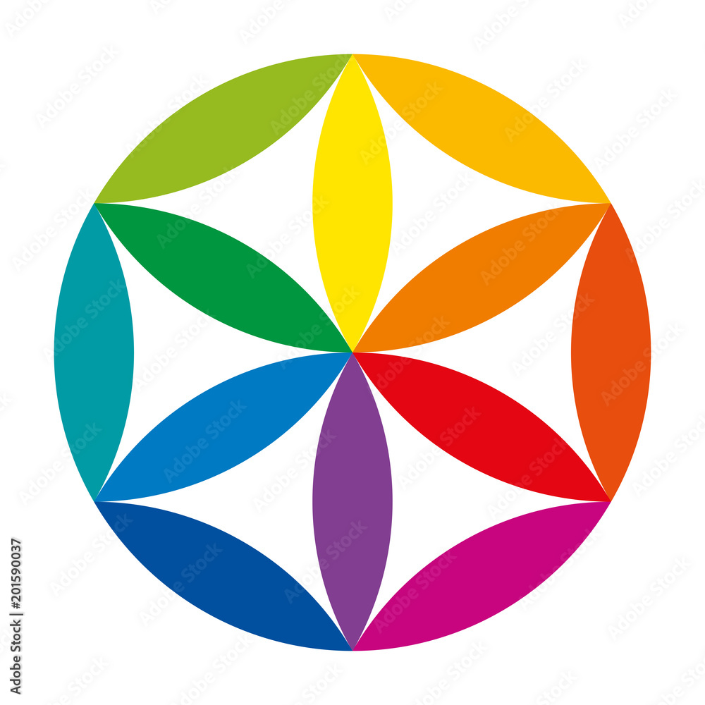 Color wheel and synthesis of the colors. Mixing yellow, red and blue ...