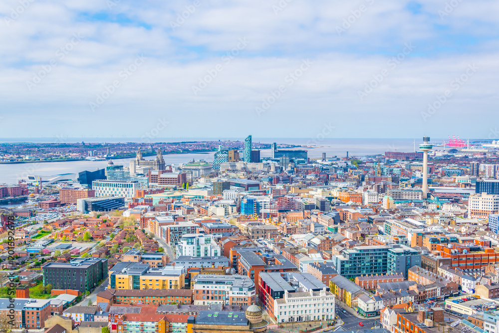 Aerial view of Liverpool including three graces and radio city tower ...