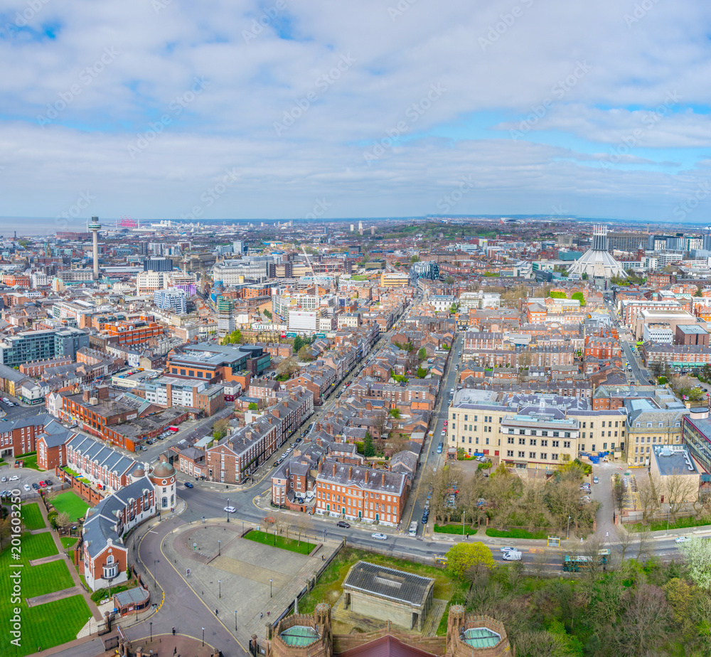 Aerial view of Liverpool including the metropolitan cathedral and radio ...
