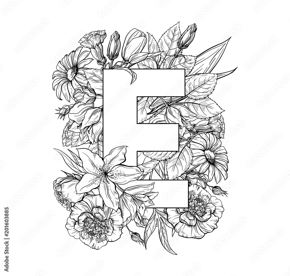 Vintage flower alphabet. Hand drawn vector illustration Isolated on ...