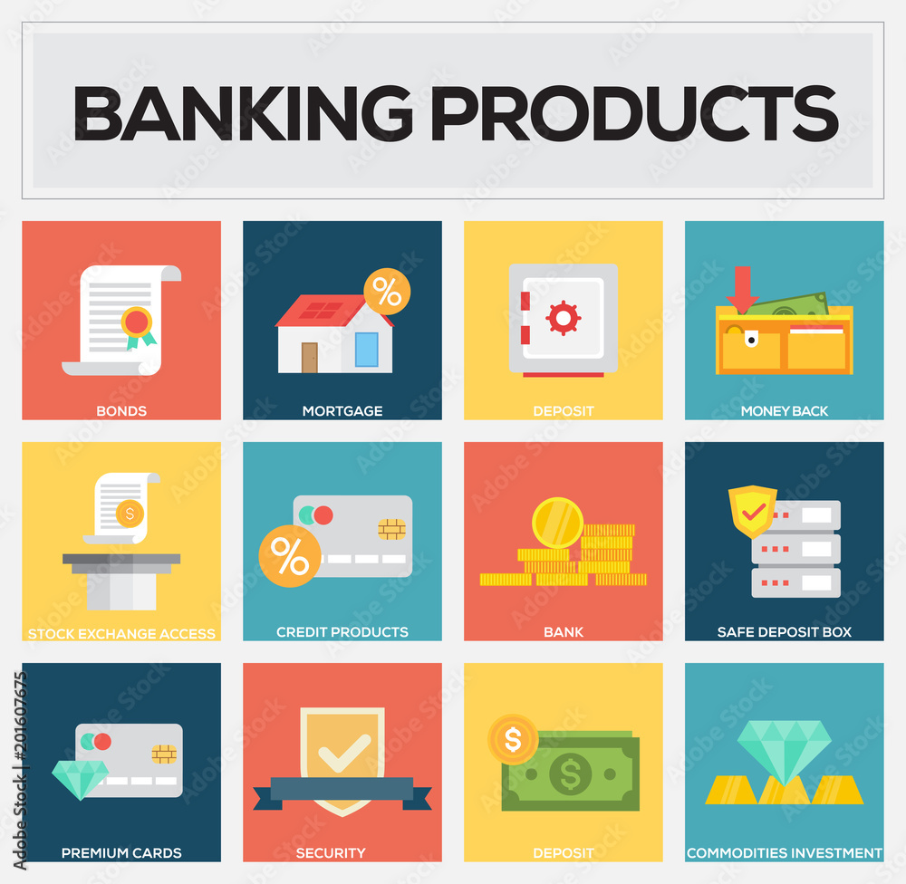 Banking Products Flat Icon Set Stock Vector | Adobe Stock