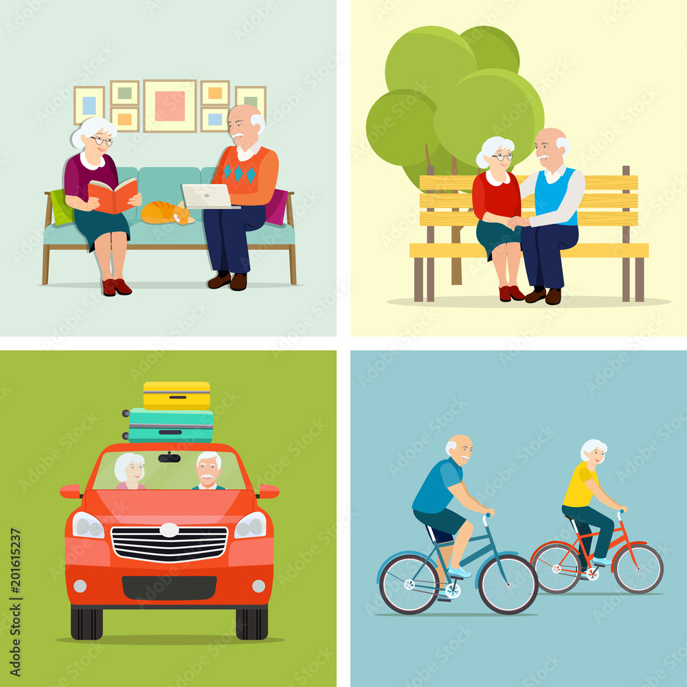 Old family sitting on the couch. Grandfather and grandmother riding a ...