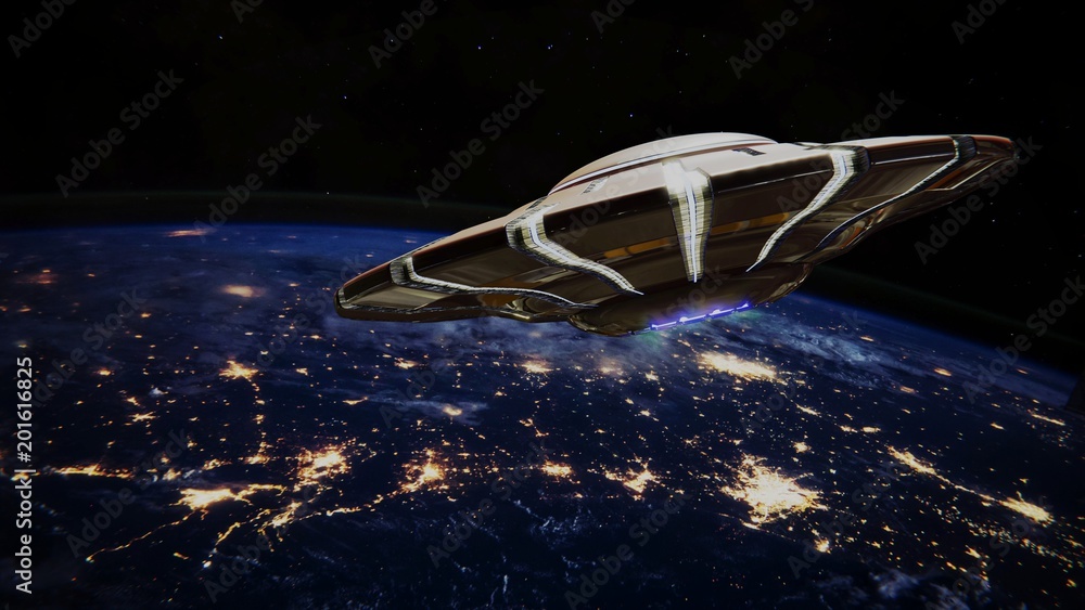 UFO, alien spaceship with light beam in night sky, extraterrestrial ...
