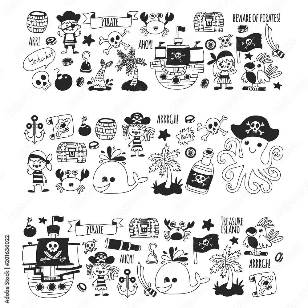 Pirate adventures. Vector icons for kids party. Boys and girls, small ...