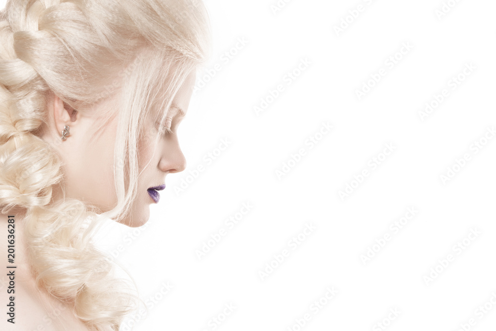 Beauty charming albino girl. White hair, eyebrows, eyelashes, pale skin ...