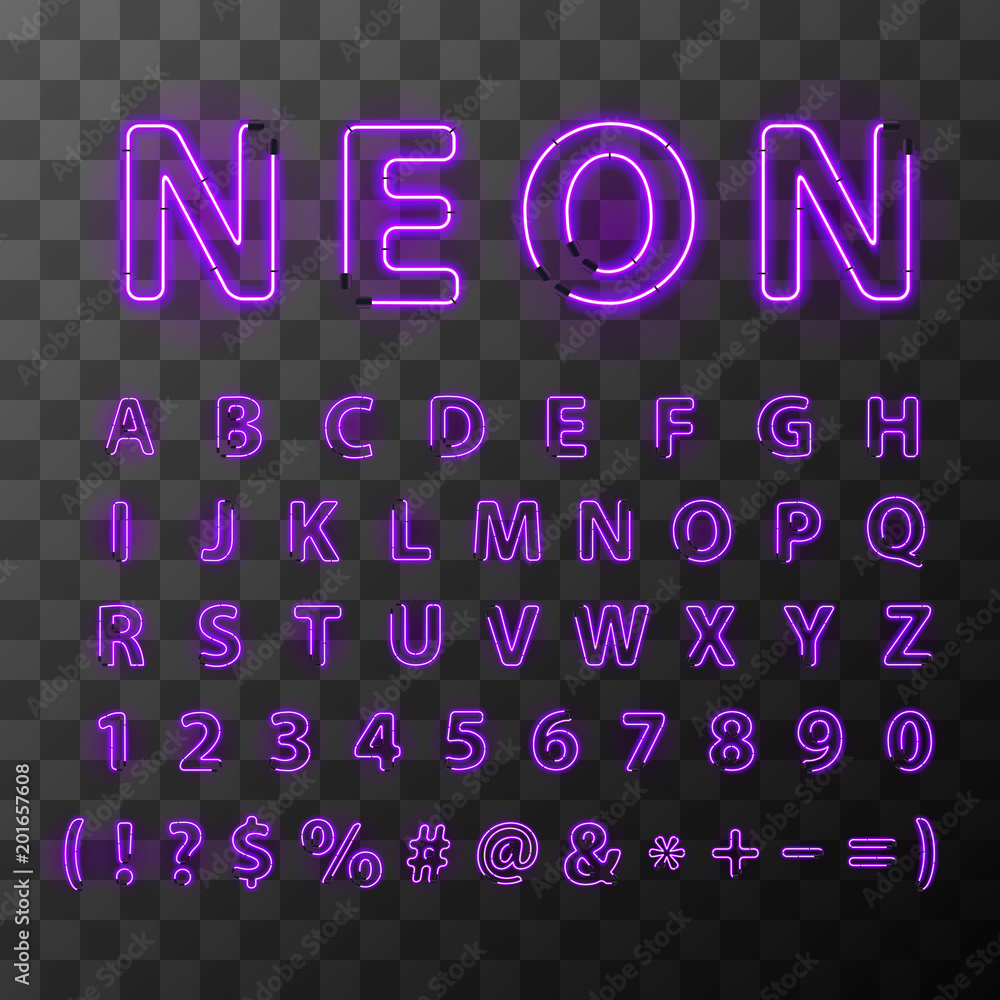Bright ultraviolet neon letters. Neon letters font on transparent ...