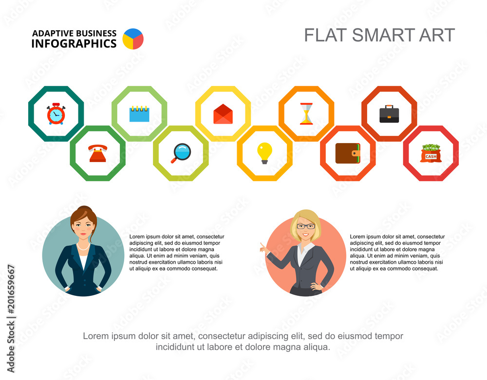 Two workers process chart template for presentation. Business data ...