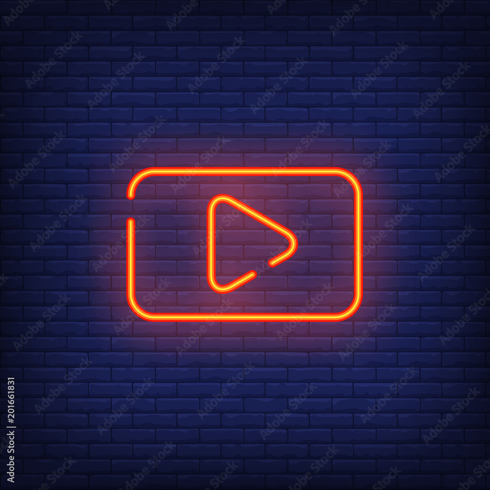 Play button neon sign. Red rectangle with play button. Night bright ...