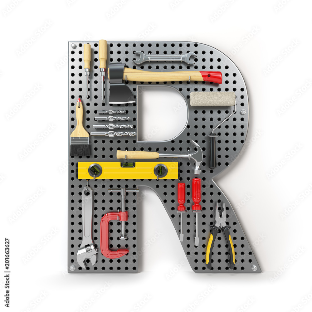 Letter R. Alphabet from the tools on the metal pegboard isolated on ...