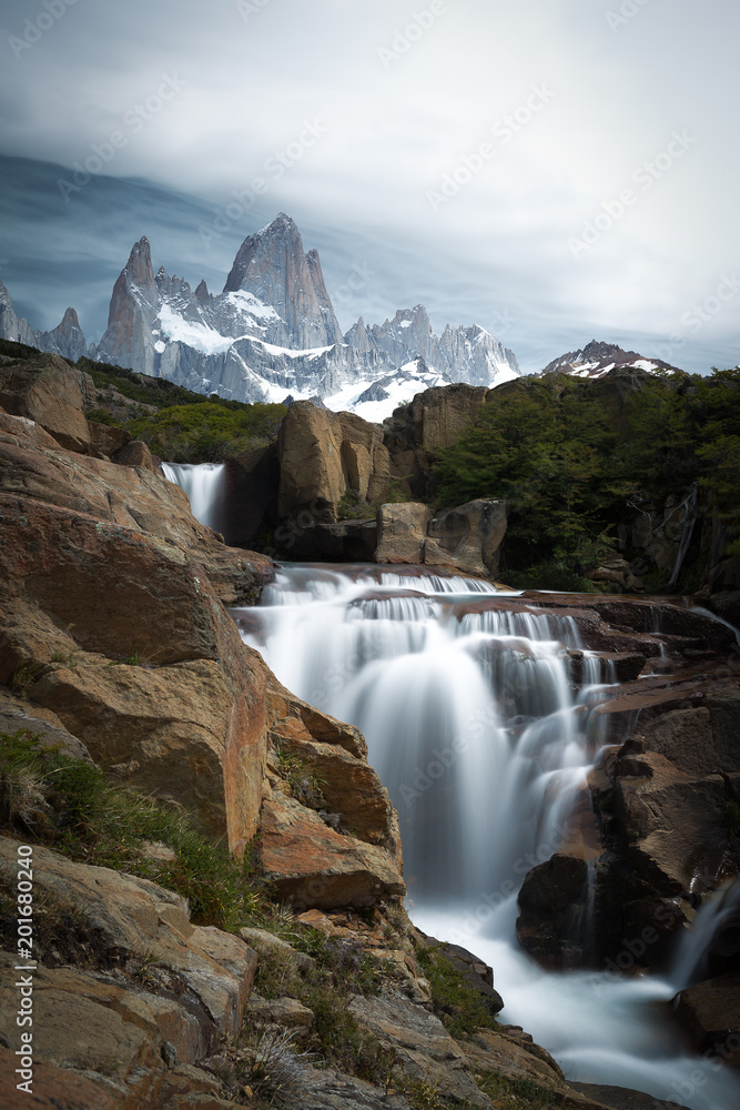 Chorrillo del Salto waterfall and Mount Fitz Roy, mountain in Patagonia ...
