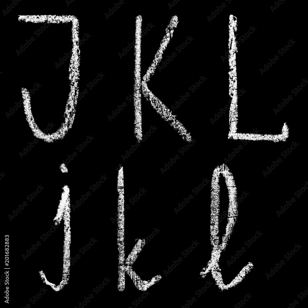 j, k, l handwritten white chalk letters isolated on black background ...