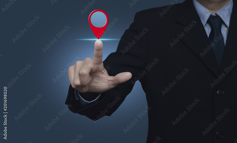 Businessman pressing map pin location button over gradient light blue ...