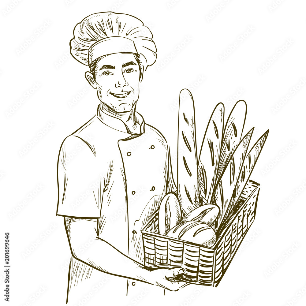 Baker man holding basket of breads. Hand drawn vector illustration on ...