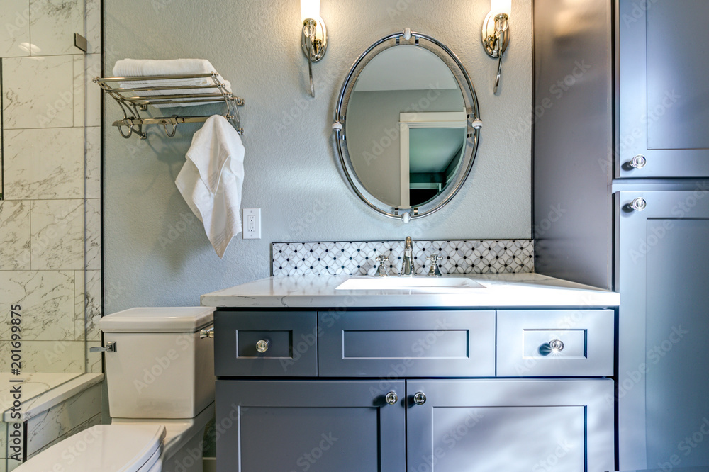 New blue bathroom design with Marble shower Surround Stock Photo ...