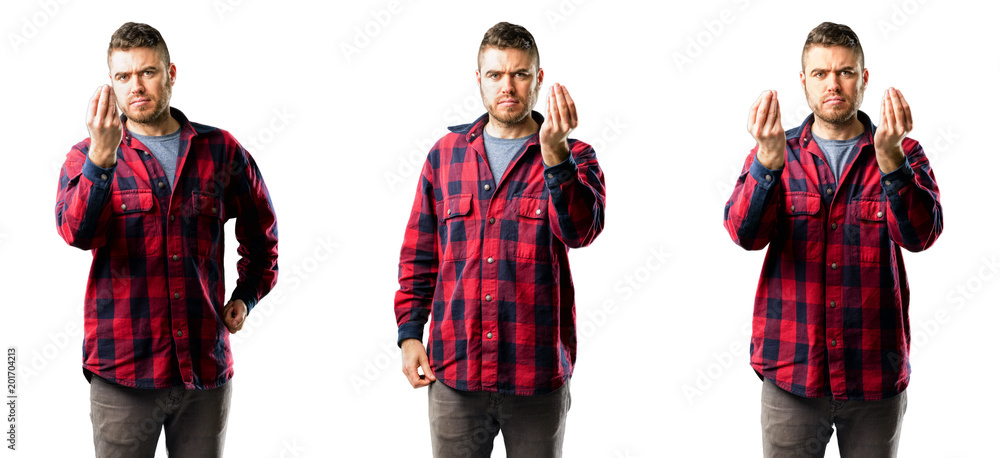 Young man angry gesturing typical italian gesture with hand, looking to ...