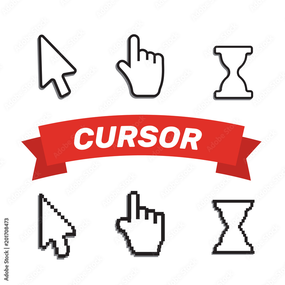 Pixel cursors icons mouse hand arrow. Mouse computer cursor. Hand arrow web cursor set Stock ...