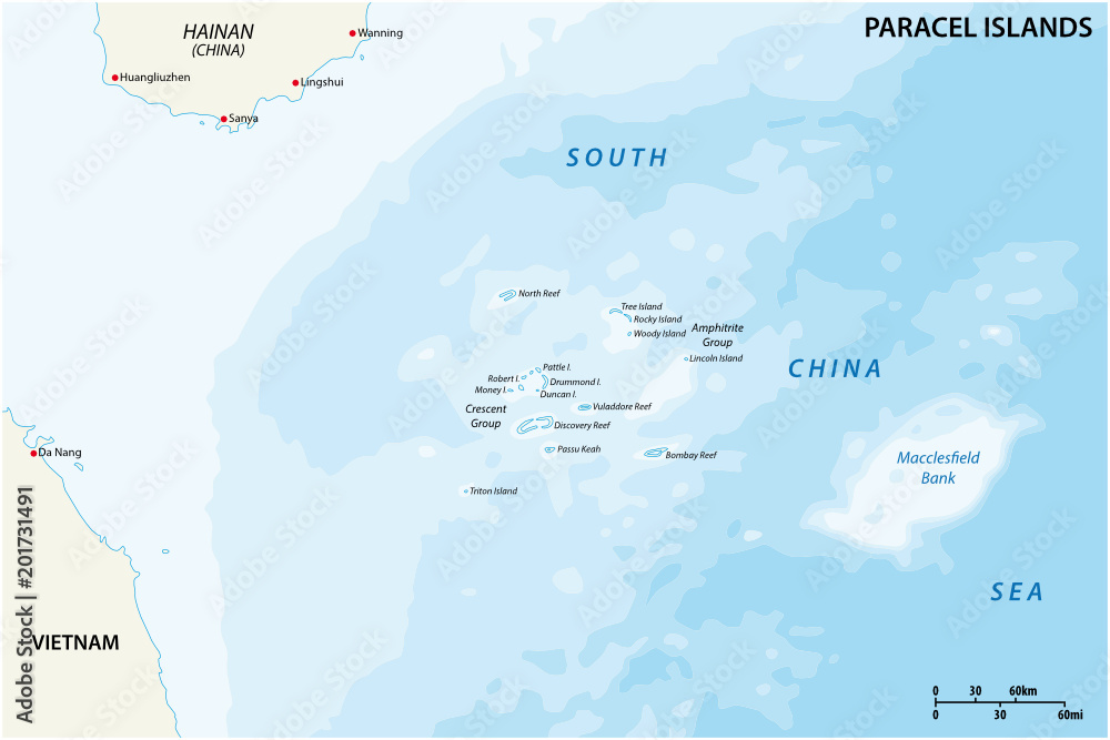 Map of the Paracel Islands controlled by China in the South China Sea ...