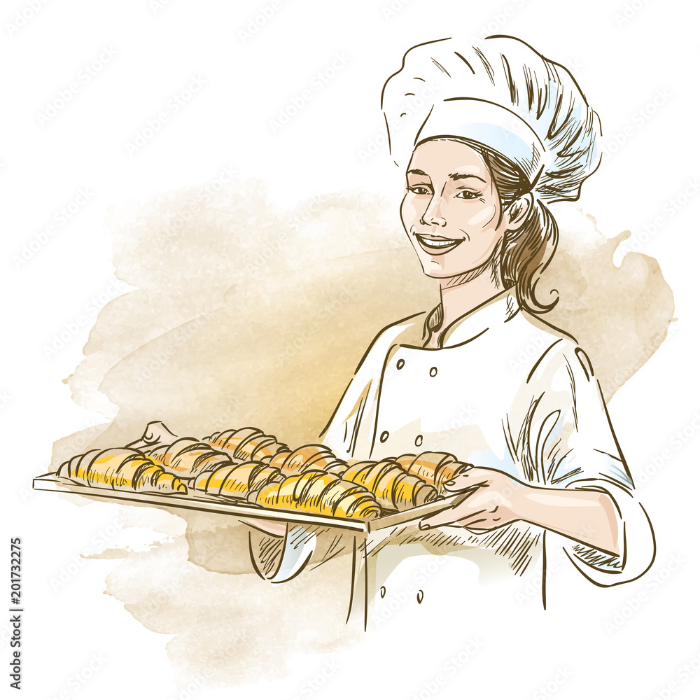Smiling baker woman holding plate with croissants. Hand drawn vector ...
