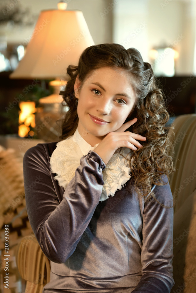 portrait of a gentle romantic cute modest lady girl in vintage clothes ...