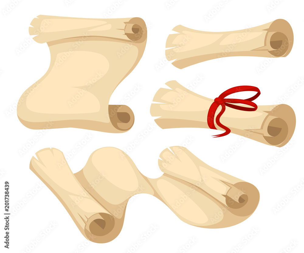 Ancient scroll illustration. Papyrus scroll with red ribbon. Rolled and ...