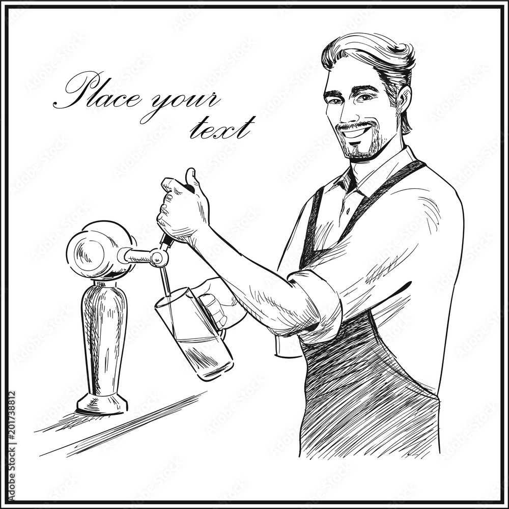 Smiling bartender pouring beer. Hand drawn vector illustration isolated ...