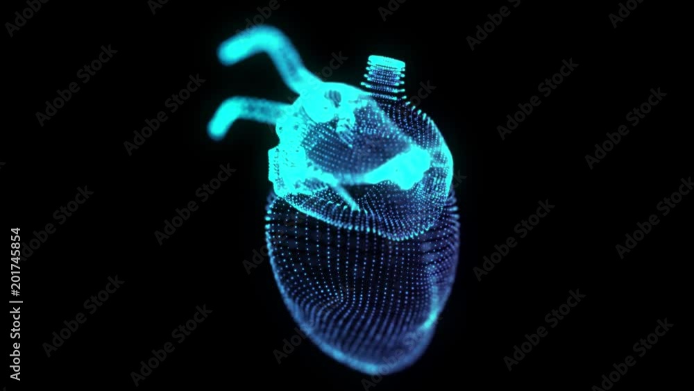 Rotating 360 degree hologram of human heart. Glowing blue light ...