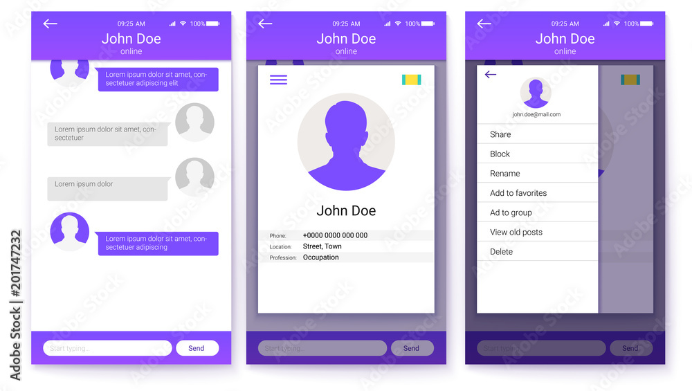 Vecteur Stock UI kit of mobile app. Page of profile and sidebar menu ...