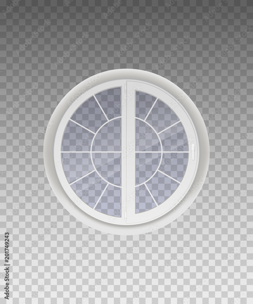 Closed round window with transparent glass in a white frame. Isolated ...