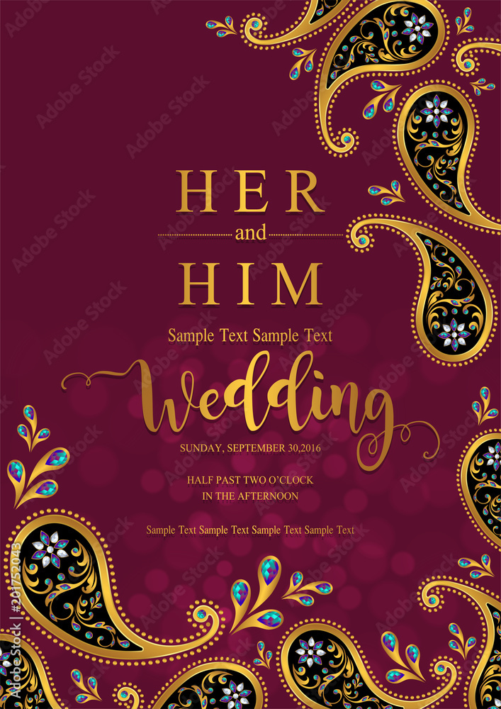 Indian wedding Invitation card templates with gold patterned and ...