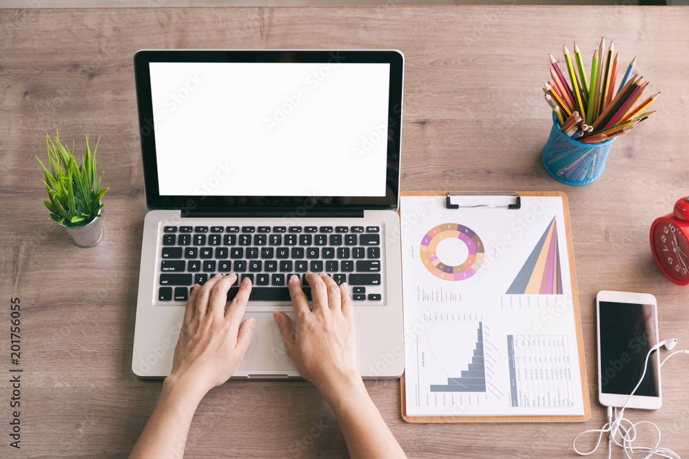 Top view, Business woman typing on laptop at workplace Woman working in home office hand ...