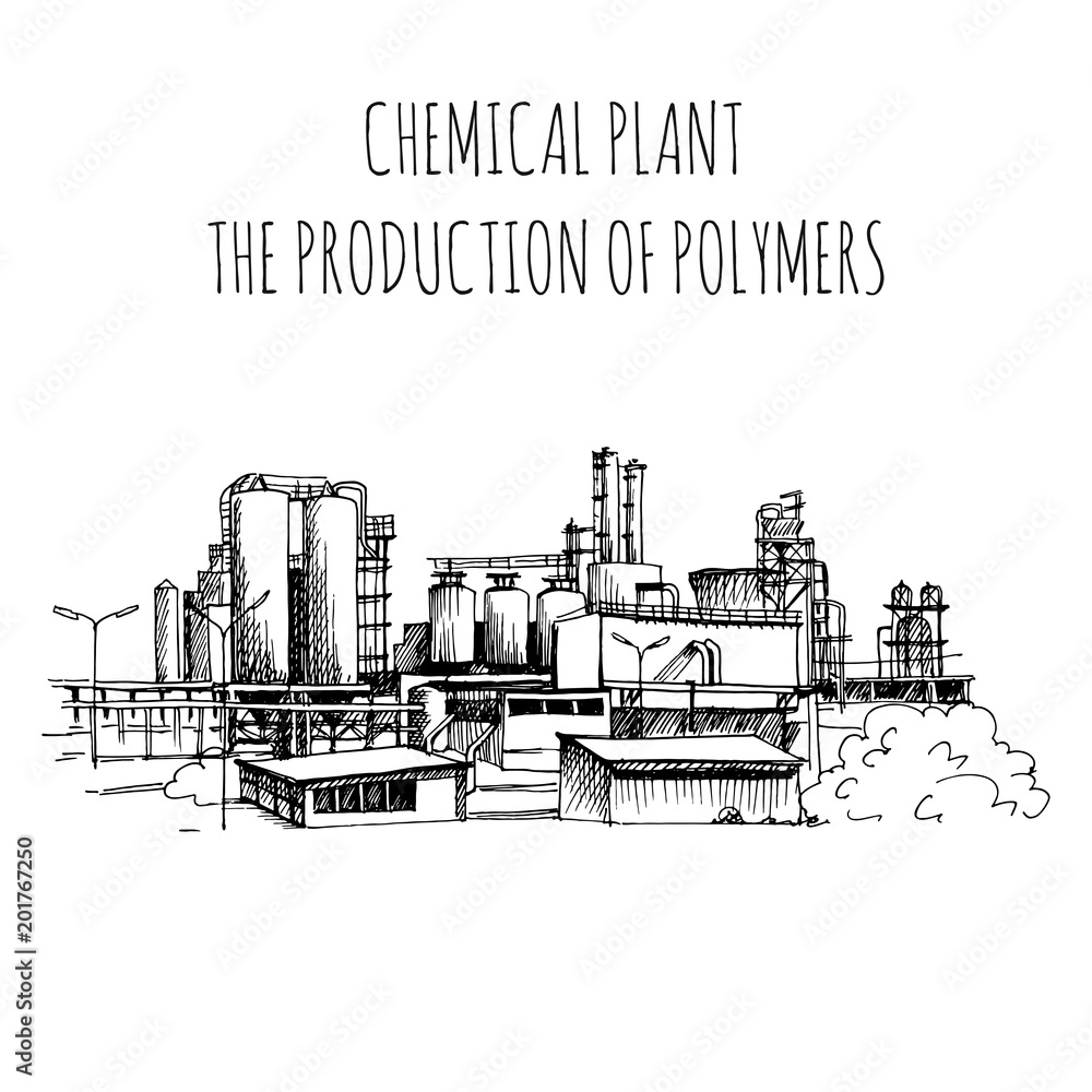 Chemical plant, the production of polymers, hand-drawn sketch vector ...