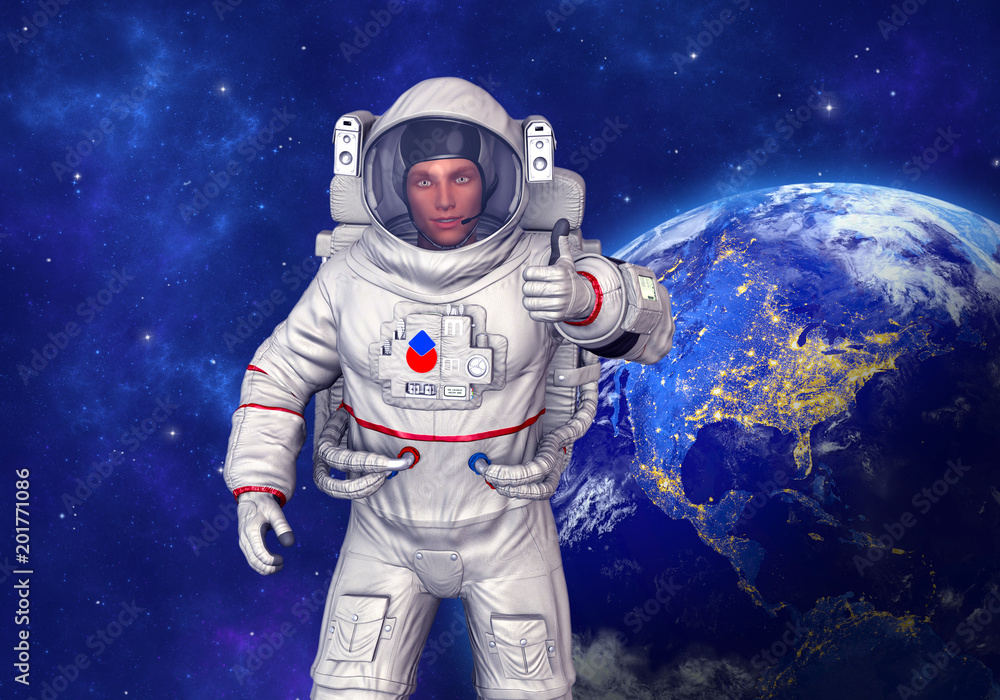 Astronaut showing thumbs up gesture, Planet Earth in background ...