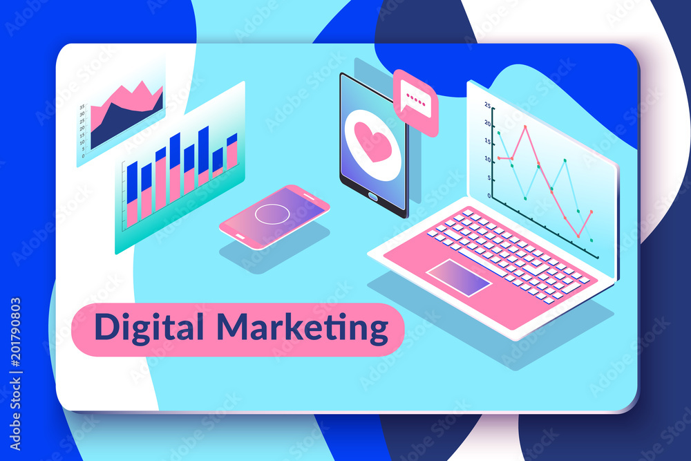 Digital marketing concept. Vector illustration with isometric laptop ...