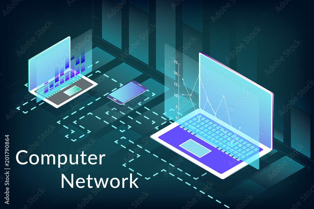 Isometric vector illustration of computer network platform. Composition ...