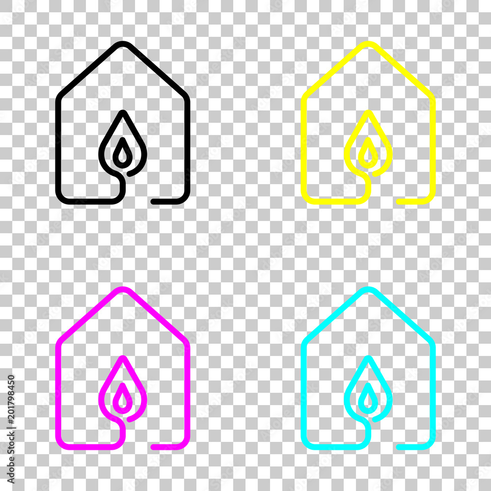 house with fire flames icon. line style. Colored set of cmyk icons on ...