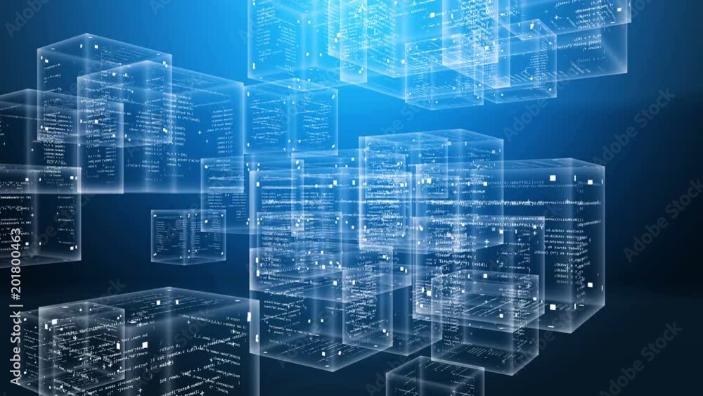 A holographic 3d rendering of program code boxes spinning around in the ...